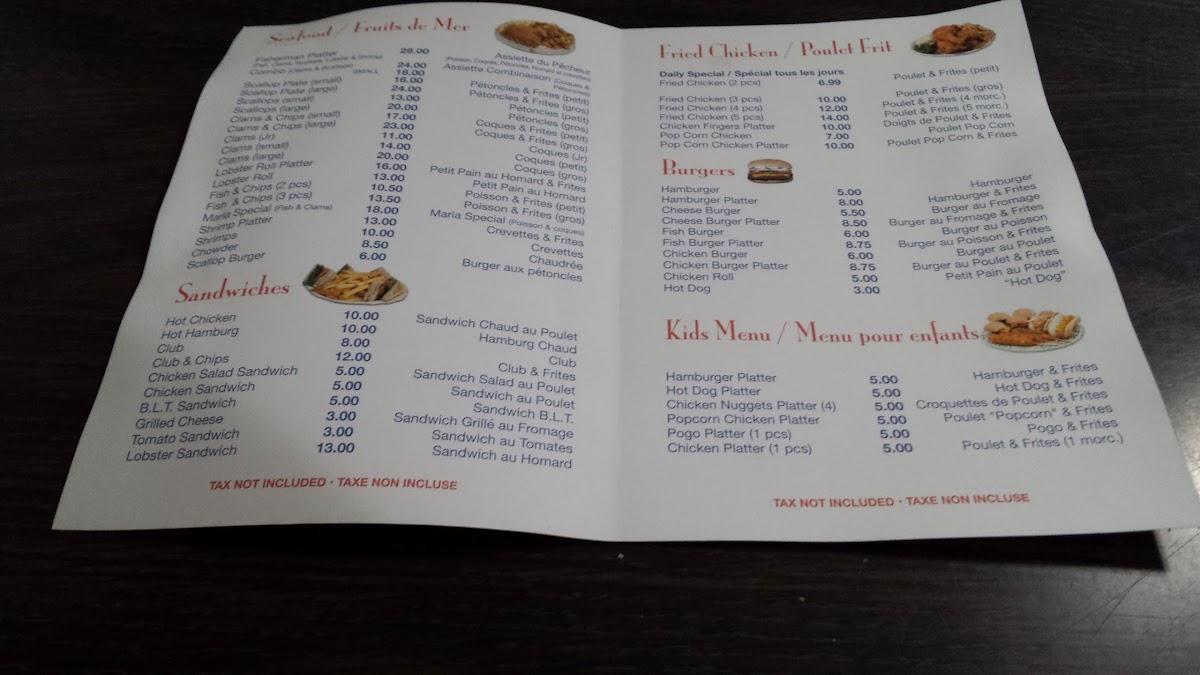 Menu at Chez Camille Take Out restaurant, Cap-Pele