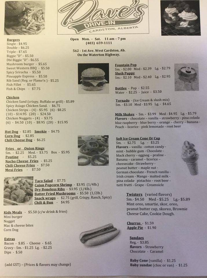 Menu at Cardston Drive in restaurant, Cardston