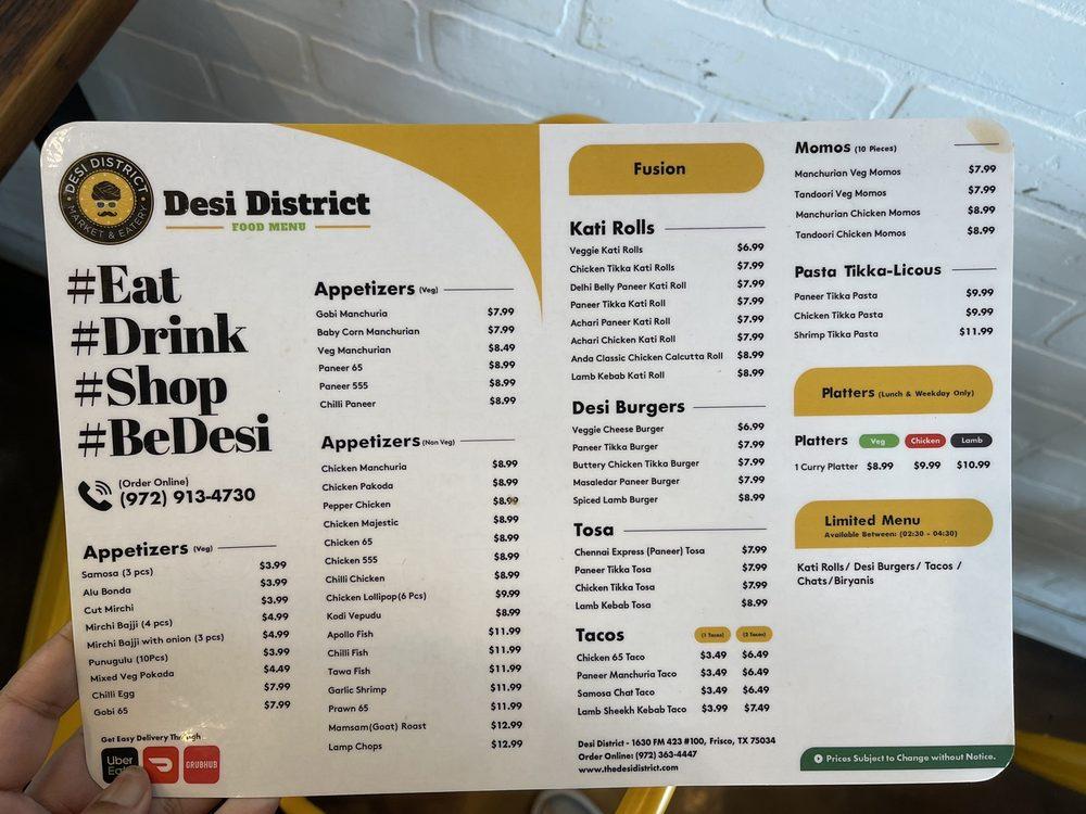 Carta de Desi District Market & Eatery, Frisco