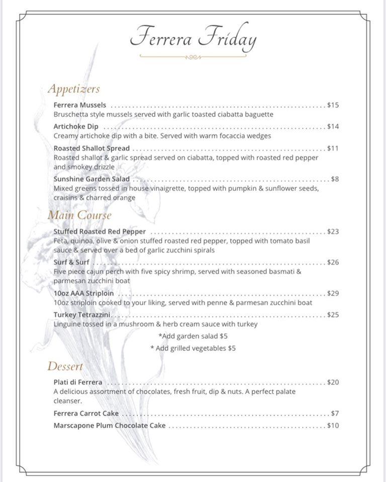 Menu at Ferrera restaurant, Simcoe