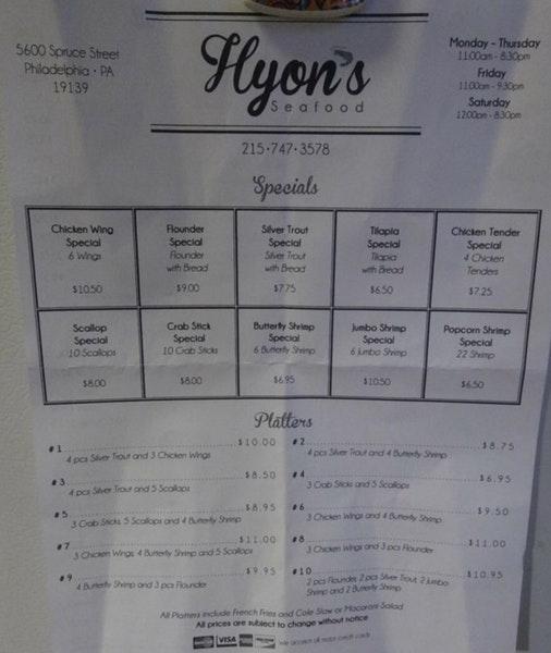 Menu at Hyons Seafood "West Philly" restaurant, Philadelphia, Spruce St
