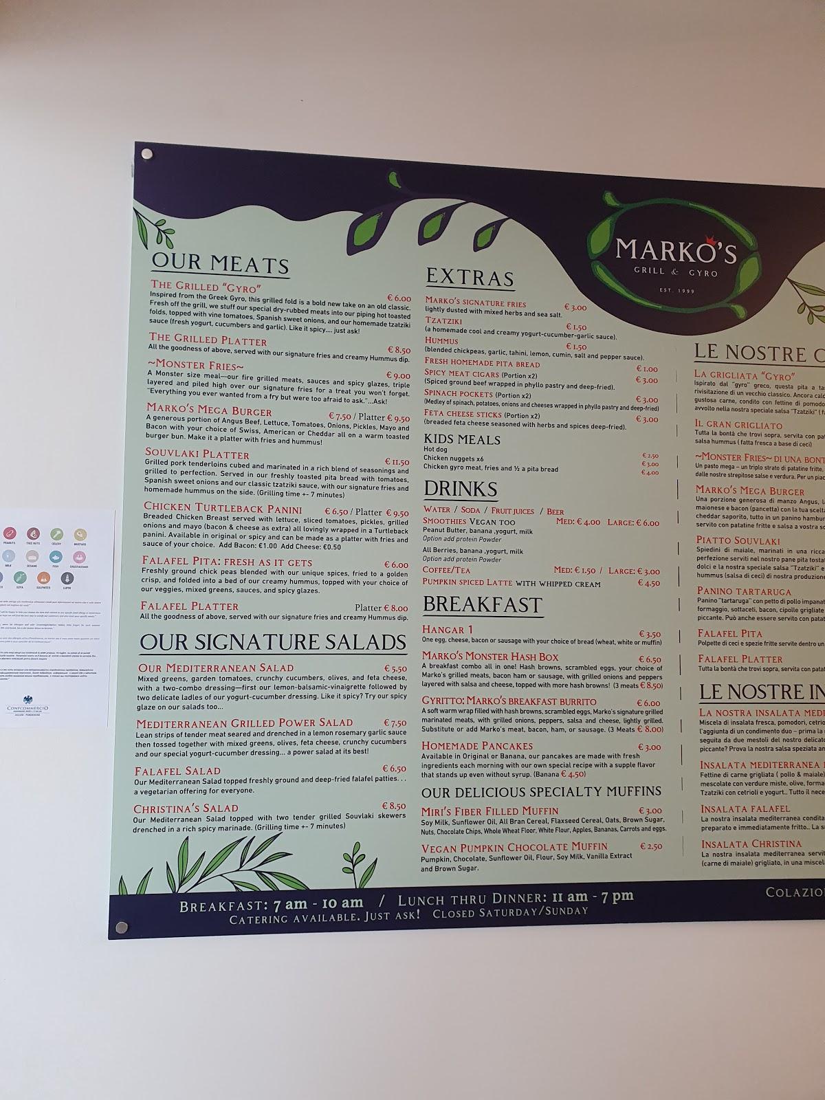Menu at Marko’s Grill and Gyros restaurant, Aviano