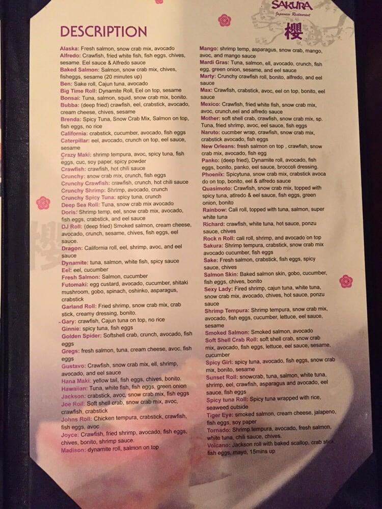 Menu at Sakura Japanese Restaurant - East Memphis, Memphis, Poplar Ave