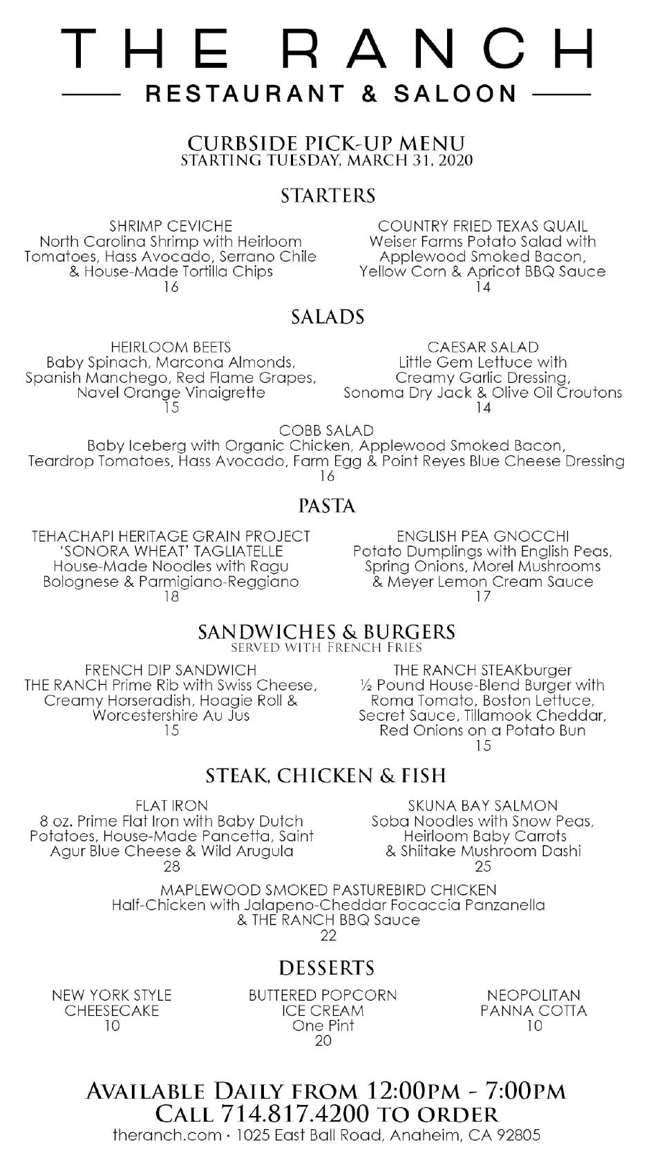 Menu at THE RANCH Restaurant, Anaheim, E Ball Rd #101A