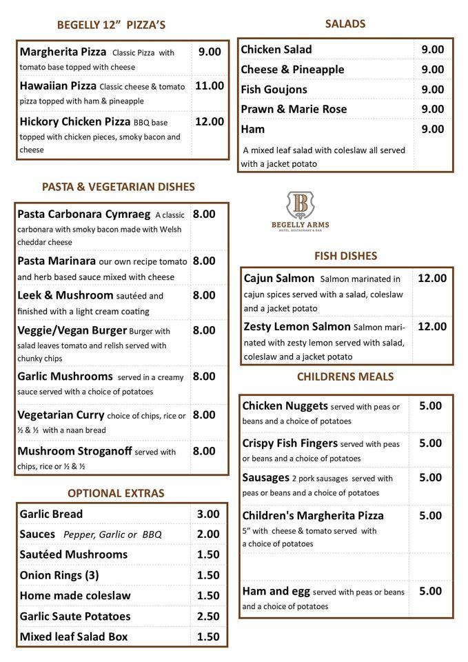 Menu at The Begelly Arms pub & bar, Begelly