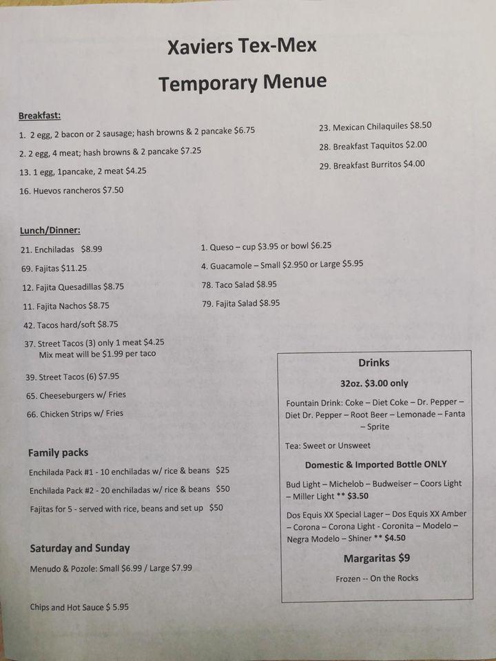 Menu at Xavier's Tex Mex & Bar LLC, Terrell