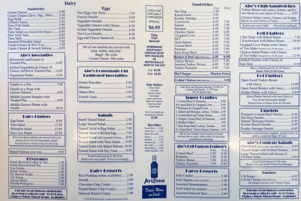 Menu at Abe's Delicatessen restaurant, Scranton
