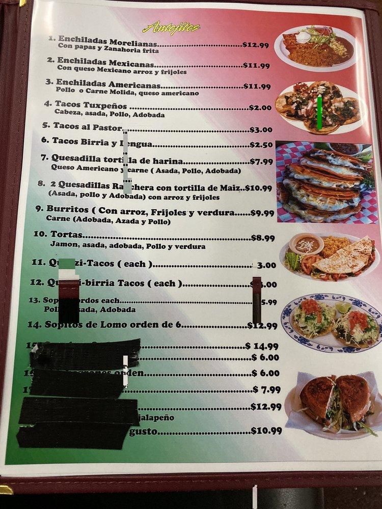 Menu at Amor a Mexico restaurant, Pasco