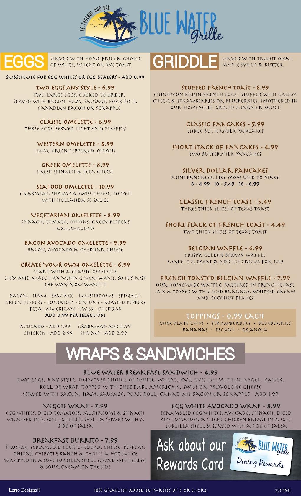 Menu at Blue Water Grille at The Bolero Resort pub & bar, Wildwood