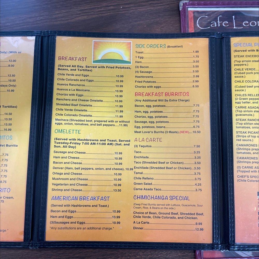 Menu at Cafe Leon Mexican Restaurant, Fresno