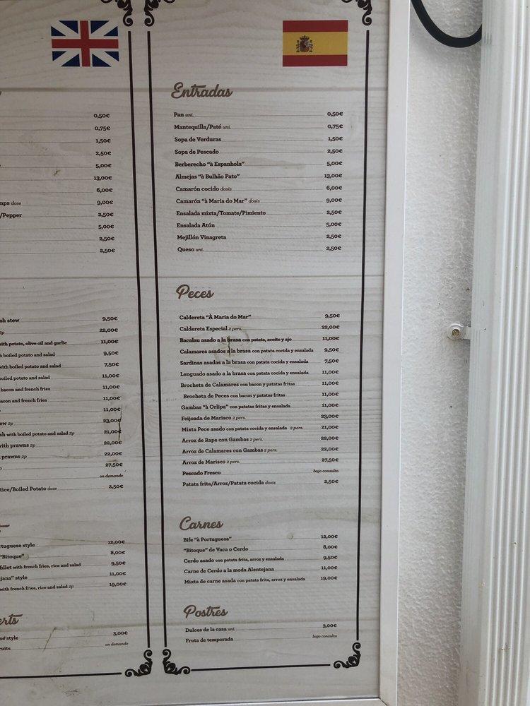 Menu at Maria do Mar pub & bar, Nazaré