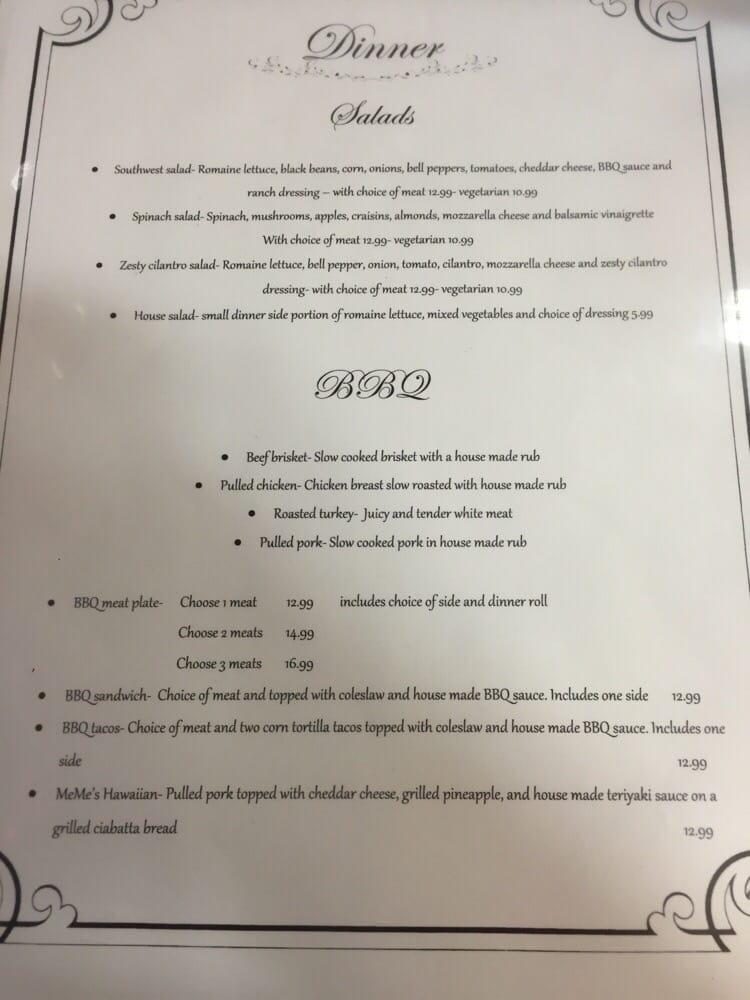 Menu at MeMe's Café cafe, Springdale
