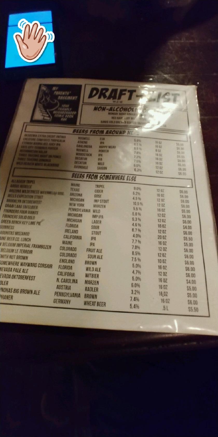 Menu at My Parents' Basement pub & bar, Avondale Estates