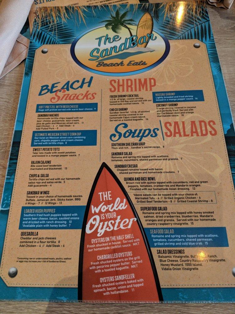 Menu at The Sandbar, Hilton Head Island, 101 Pope Ave