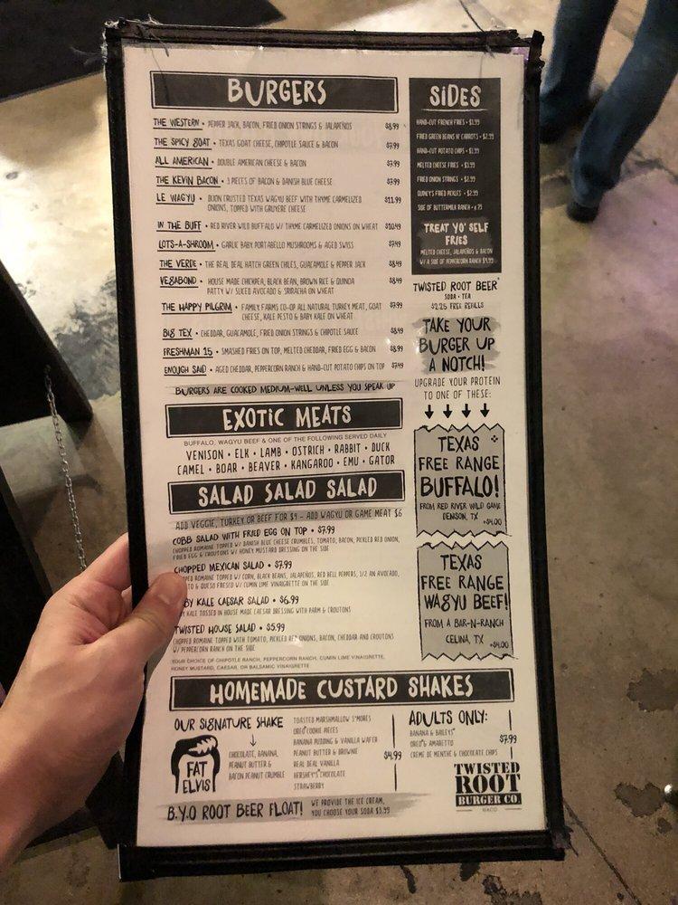 Menu at Twisted Root Burger Co. restaurant, Waco