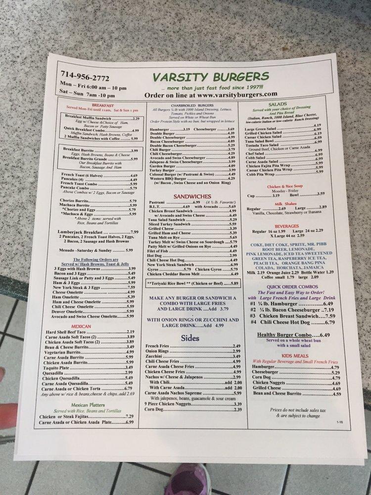 Menu at Varsity Burgers fast food, Anaheim