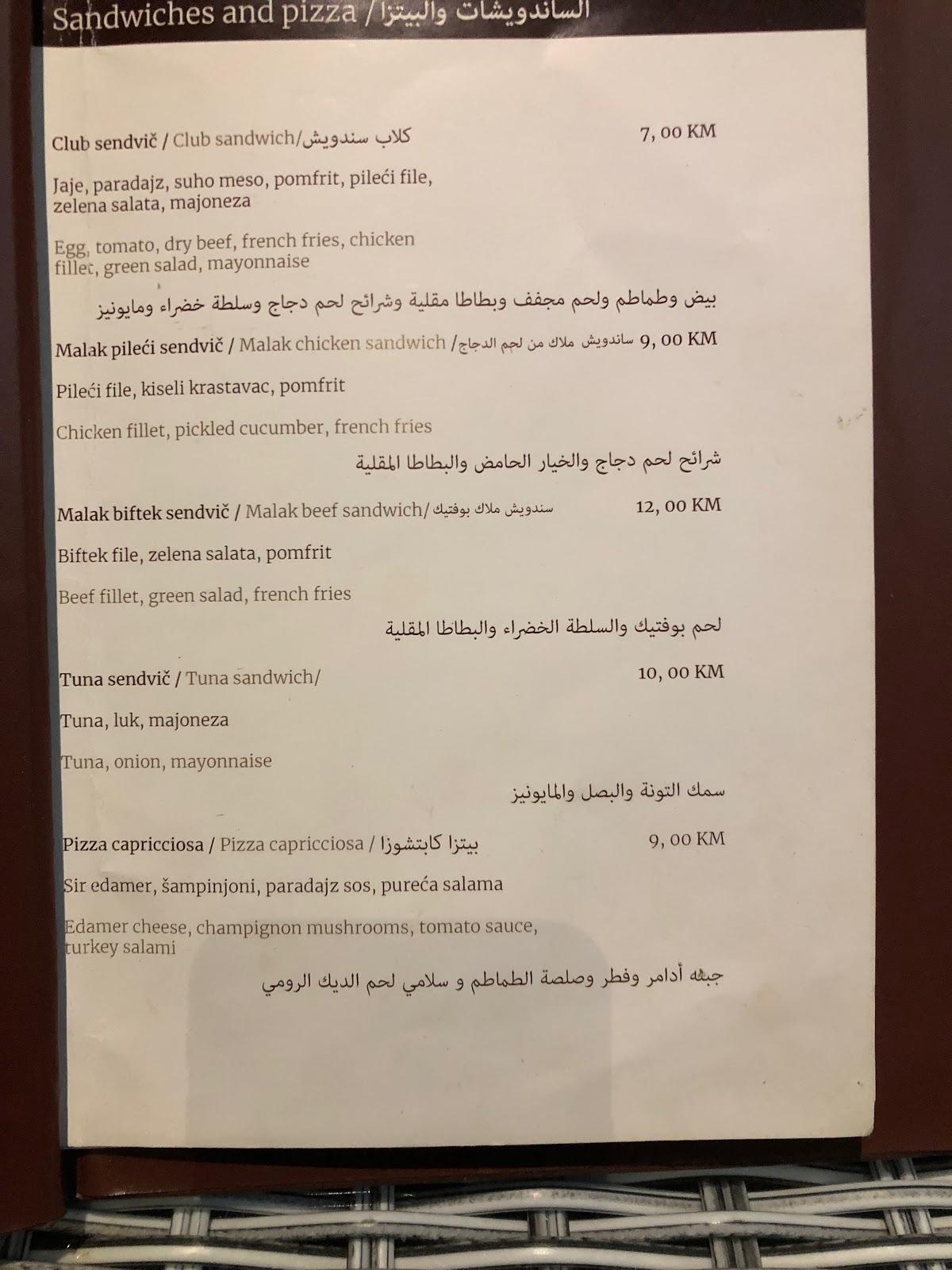Menu at Café Orient cafe, Ilidža