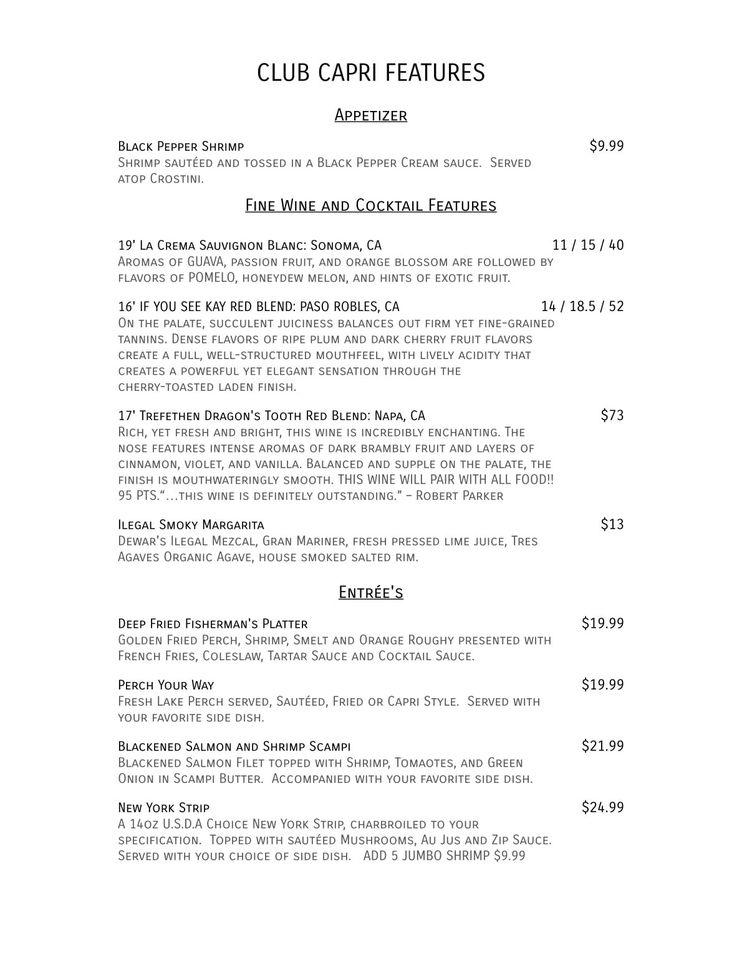 Menu at Club Capri, Clay Township, Dyke Rd