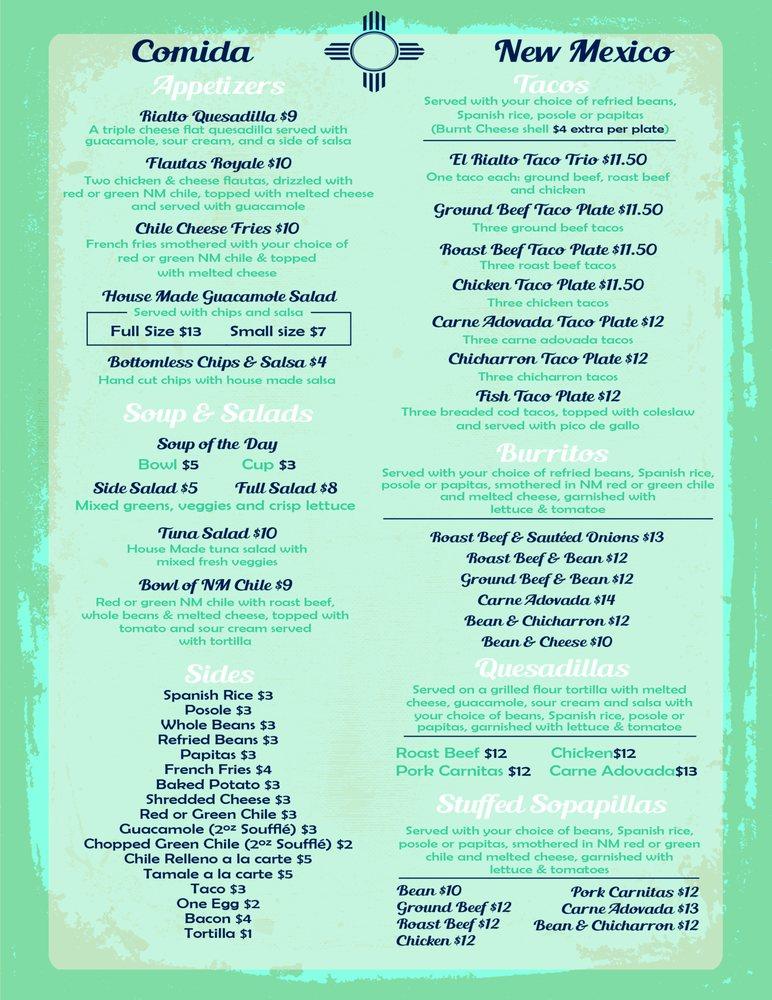 Menu at El Rialto Restaurant, Las Vegas