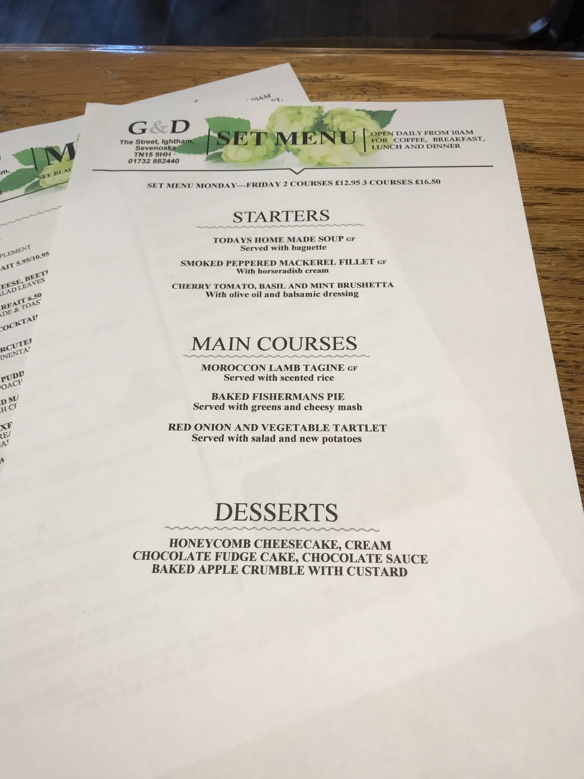 Menu at George & Dragon pub & bar, West Kingsdown