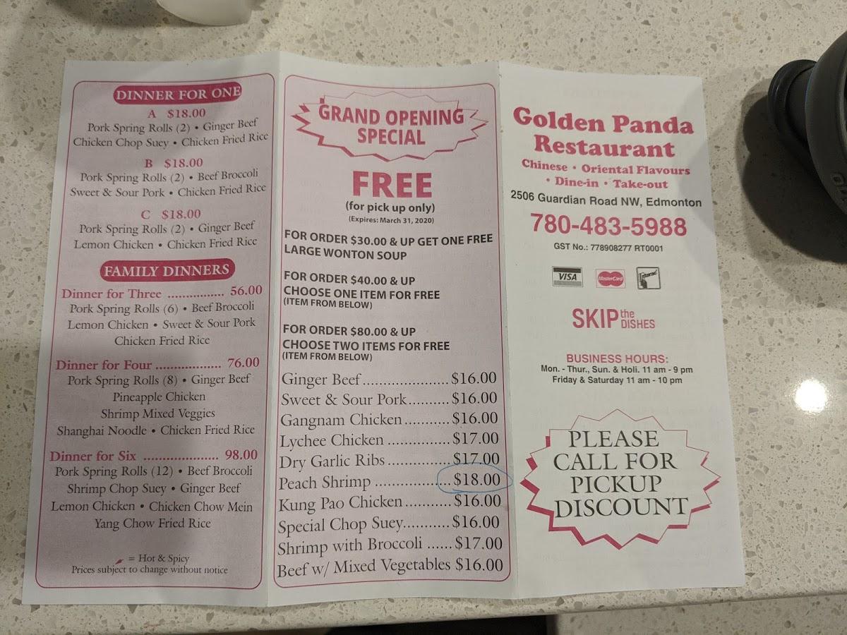 Menu at Golden Panda restaurant, Edmonton