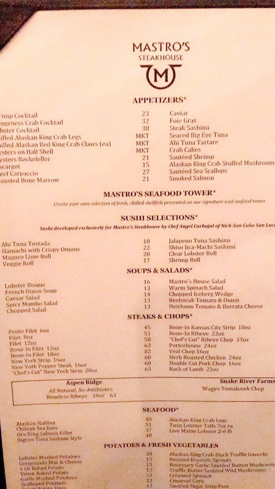 Menu at Mastro's Steakhouse, Scottsdale