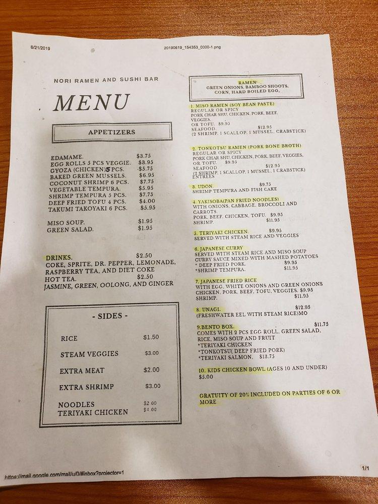 Menu at Nori Ramen and Sushi Bar, Rio Rancho, Southern Blvd SE #116
