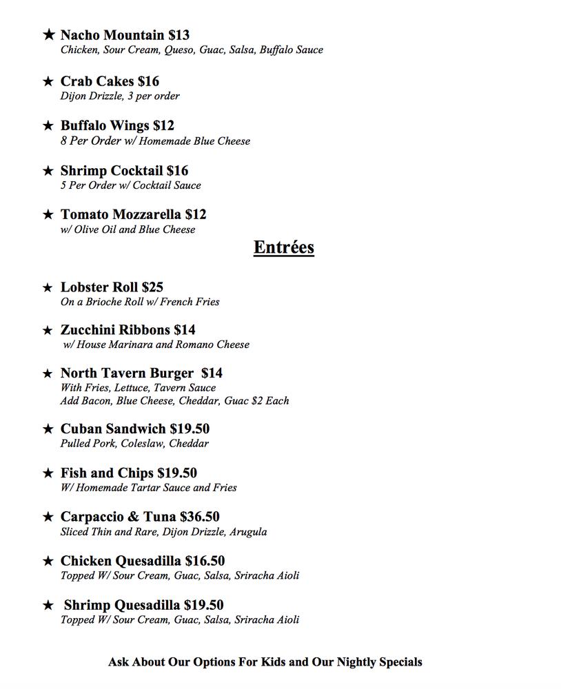 Menu at North Tavern restaurant, Wading River