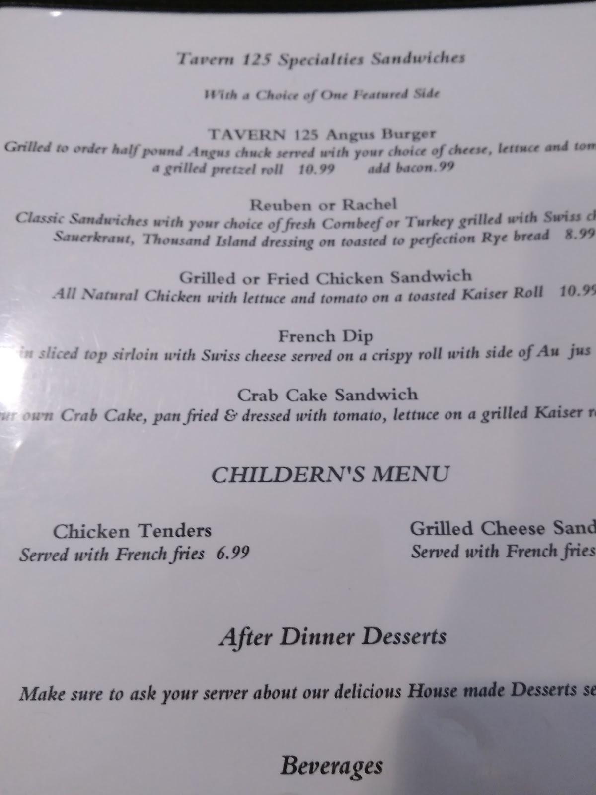 Menu at Tavern 125 restaurant, Murfreesboro