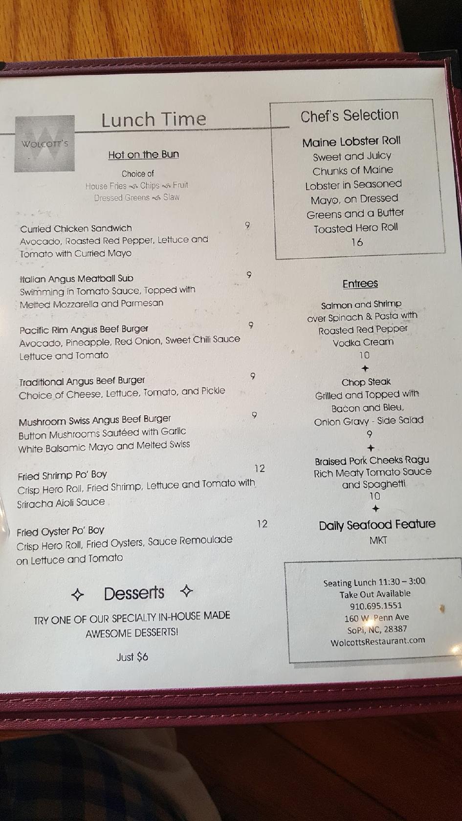 Menu at Wolcott's restaurant, Southern Pines