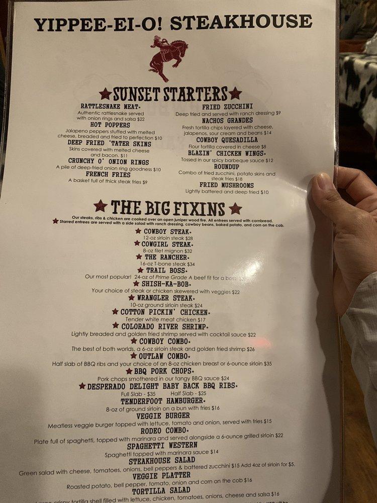 Menu at Yippee-Ei-O! Steakhouse, Tusayan, 541 AZ-64