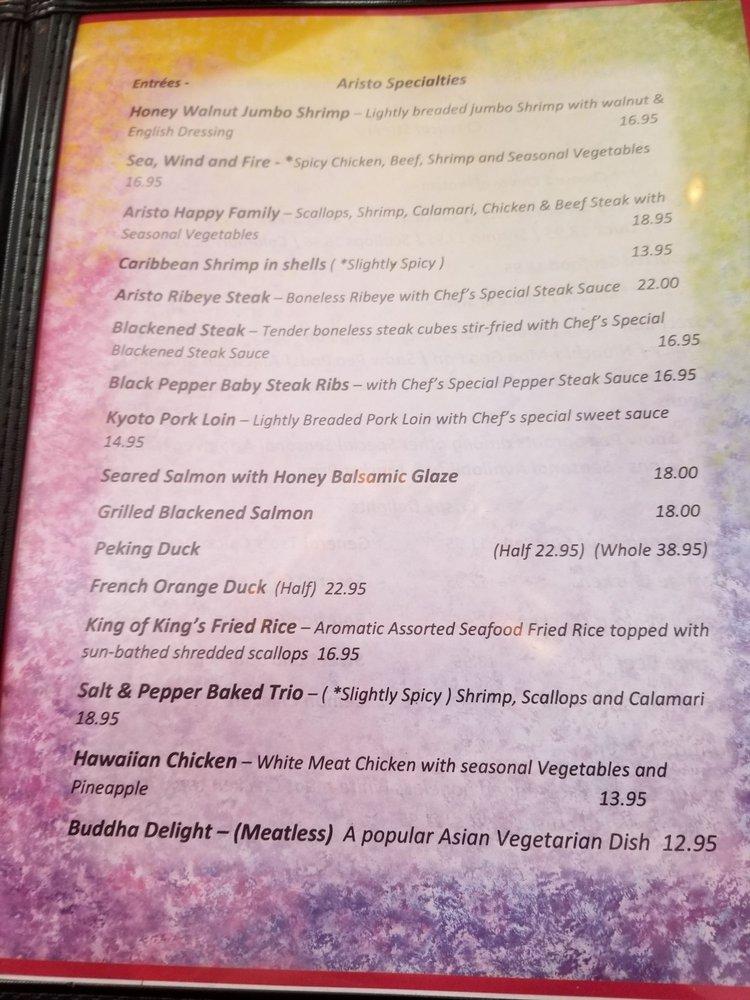 Menu at Aristo Bistro restaurant, Westlake
