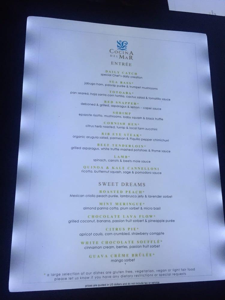 Menu at Cocina Del Mar restaurant, Cabo Bello
