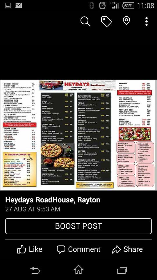 Speisekarte von Heyday's Take Aways @ Rayton restaurant, Rayton