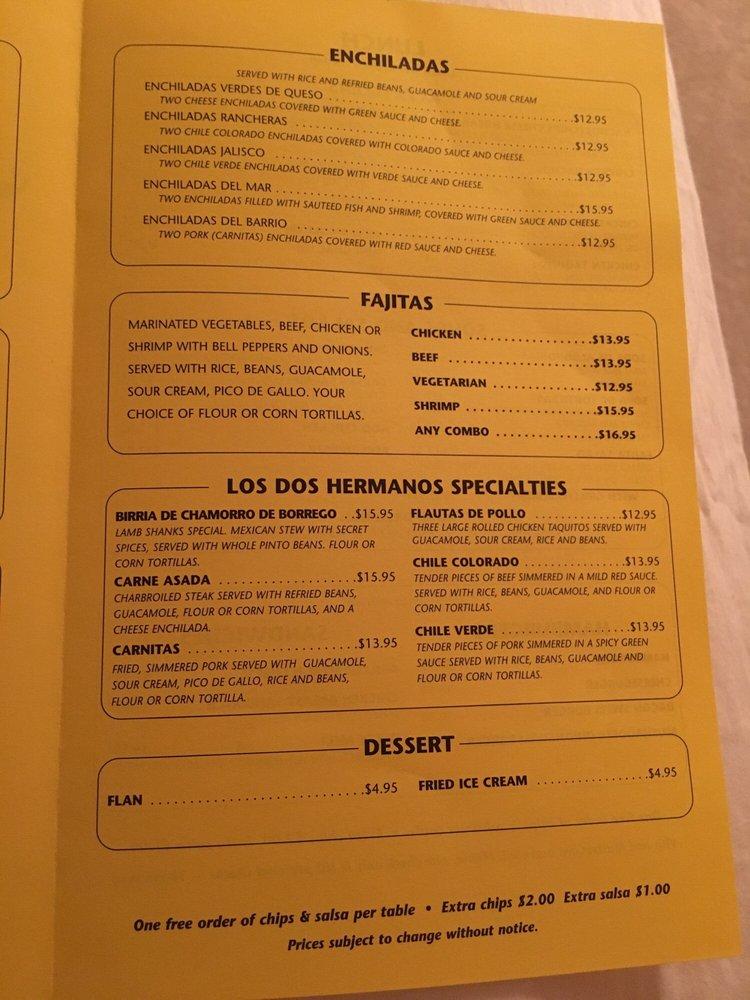 Menu at Los Dos Hermanos restaurant, Sierraville, 101 Battelle St