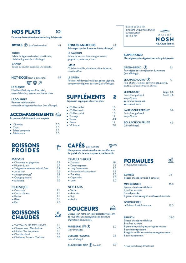 Menu at Maison Nosh restaurant, Aix-en-Provence, 42 Cr Sextius