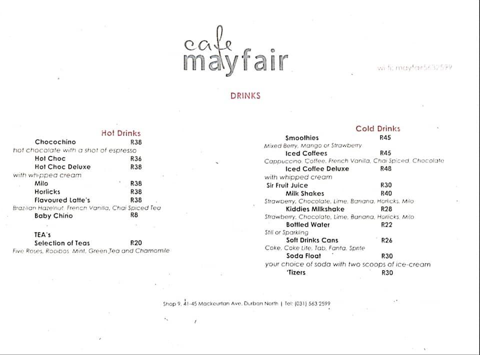 Menu at Mayfair Cafe., Durban