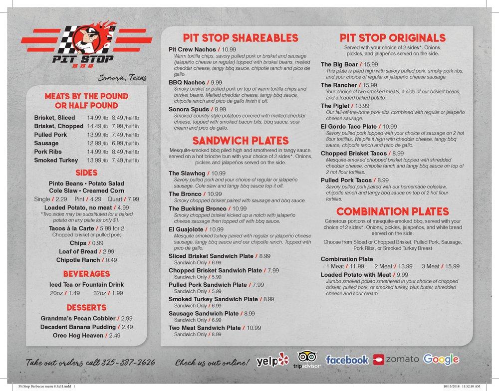 Menu at Pit Stop BBQ, Sonora