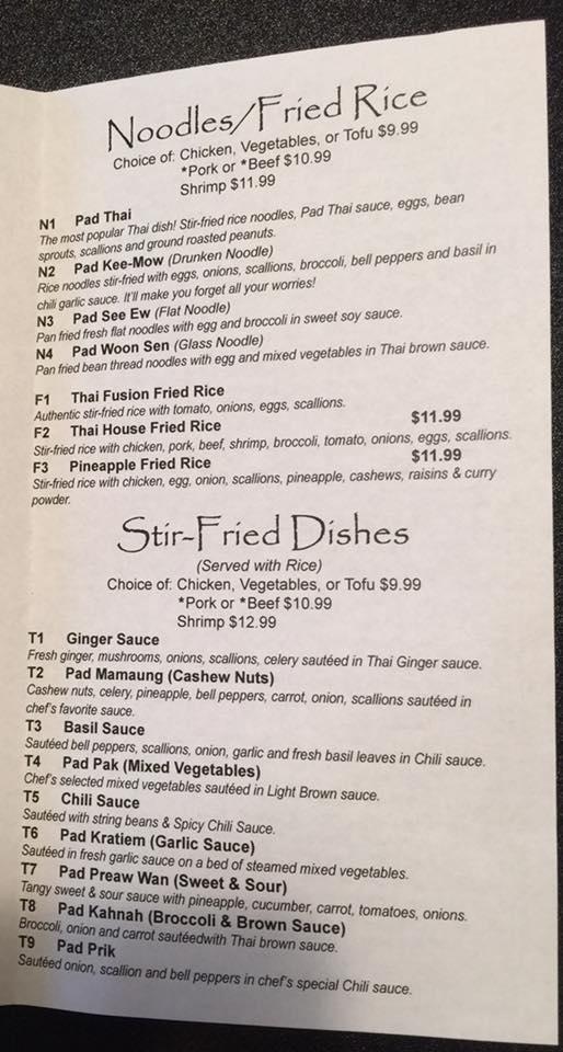 Menu at thai fusion cuisine restaurant, Pinehurst