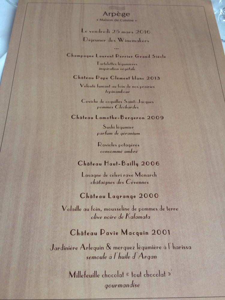 Menu at Arpège restaurant, Paris, 84 Rue de Varenne