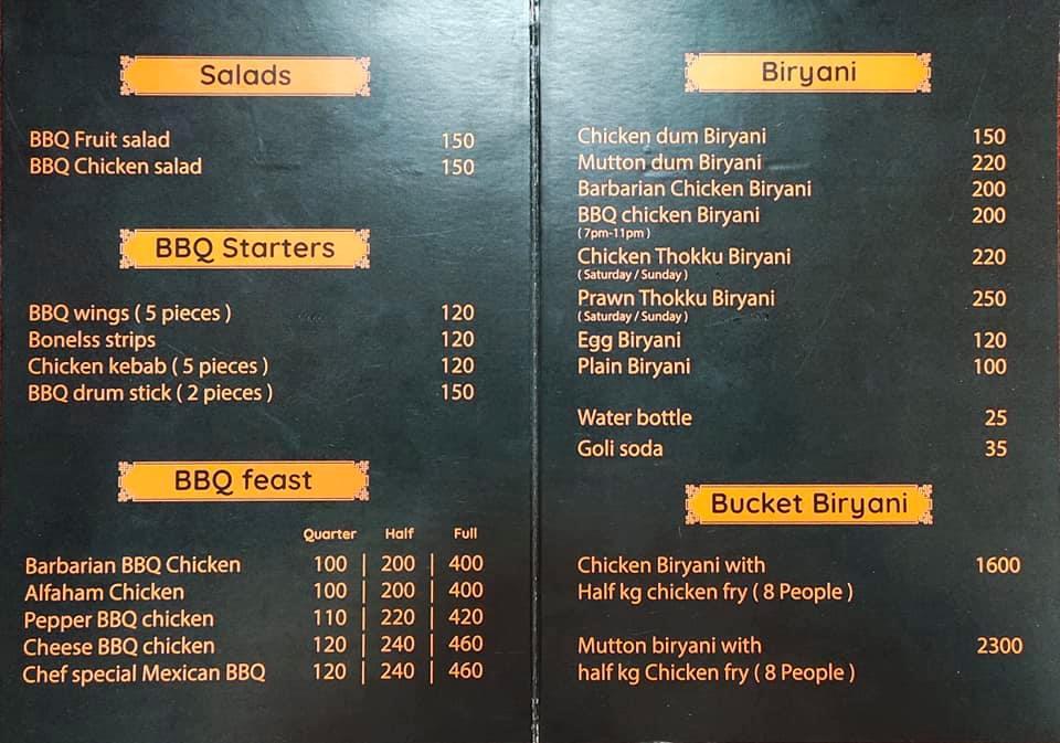 Menu at Barbarian BBQ, Chennai