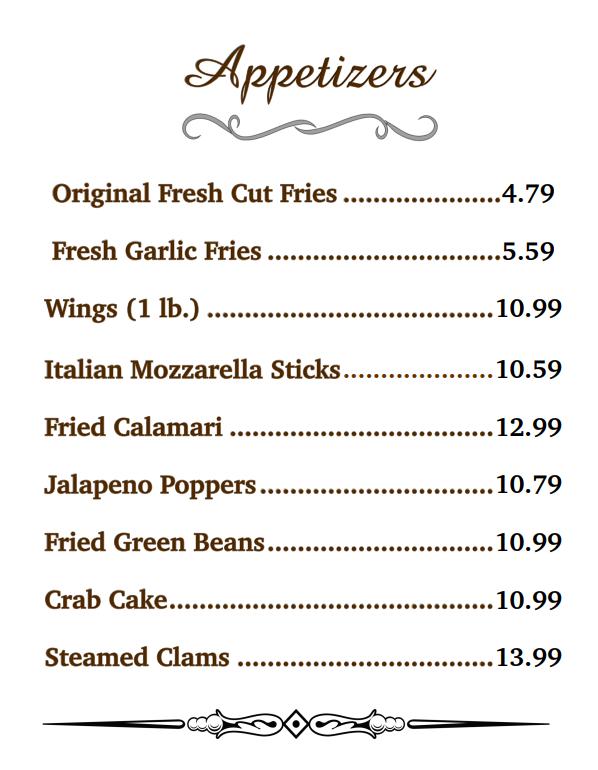 Menu at Bella Italia restaurant, Fortuna
