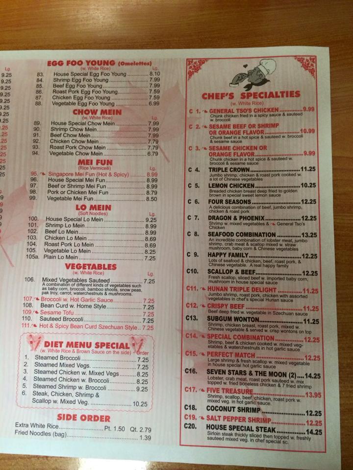 Menu at Chef Chen's restaurant, Mineral Wells