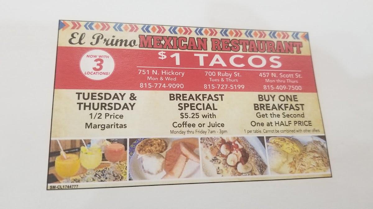 Menu at El Primo Mexican Restaurant, Joliet, 457 N Scott St
