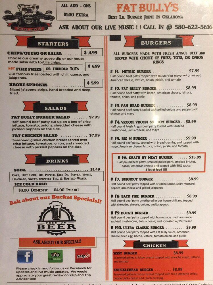 Menu at Fat Bullys pub & bar, Sulphur