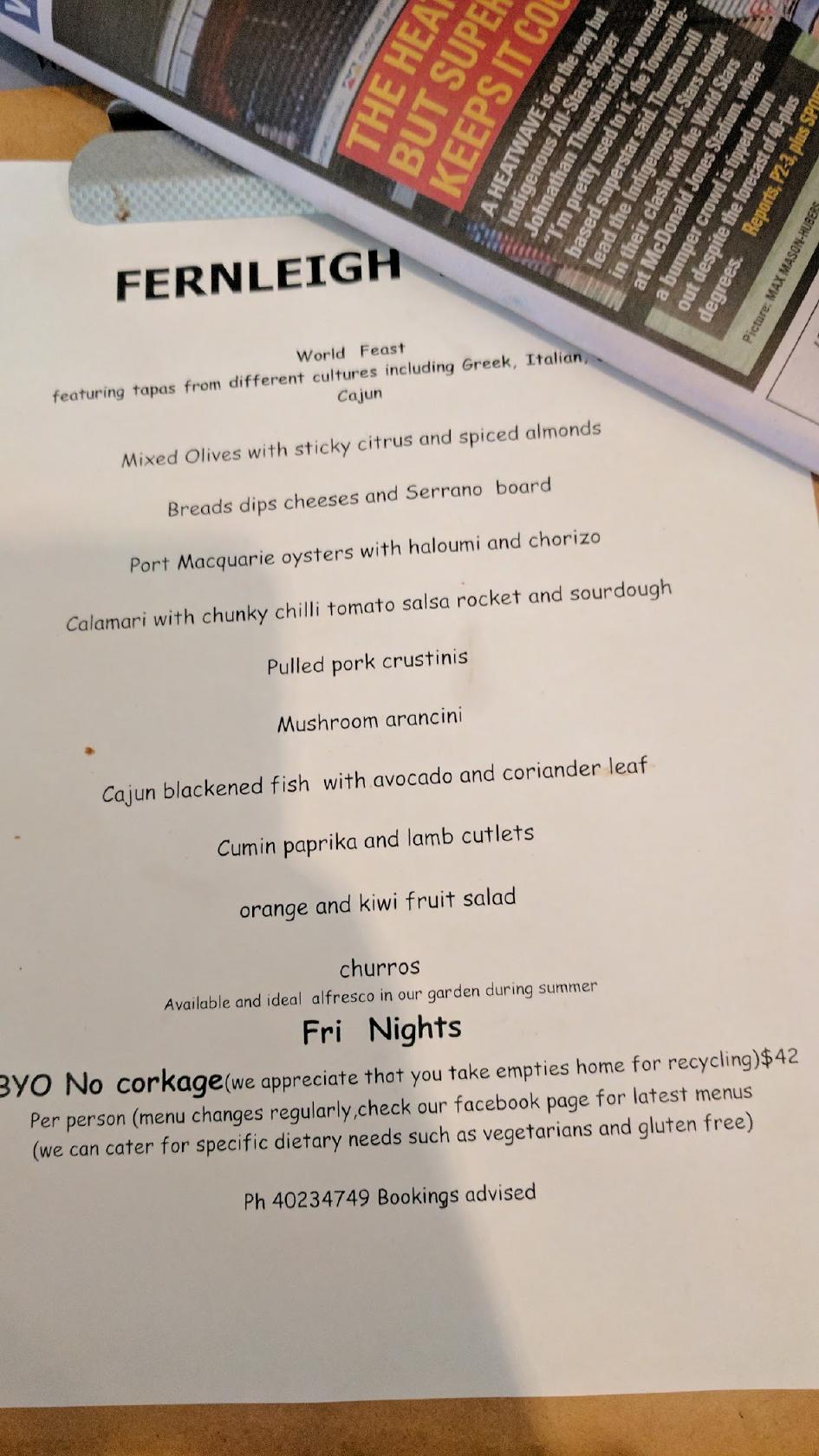 Menu at Fernleigh Cafe, Adamstown