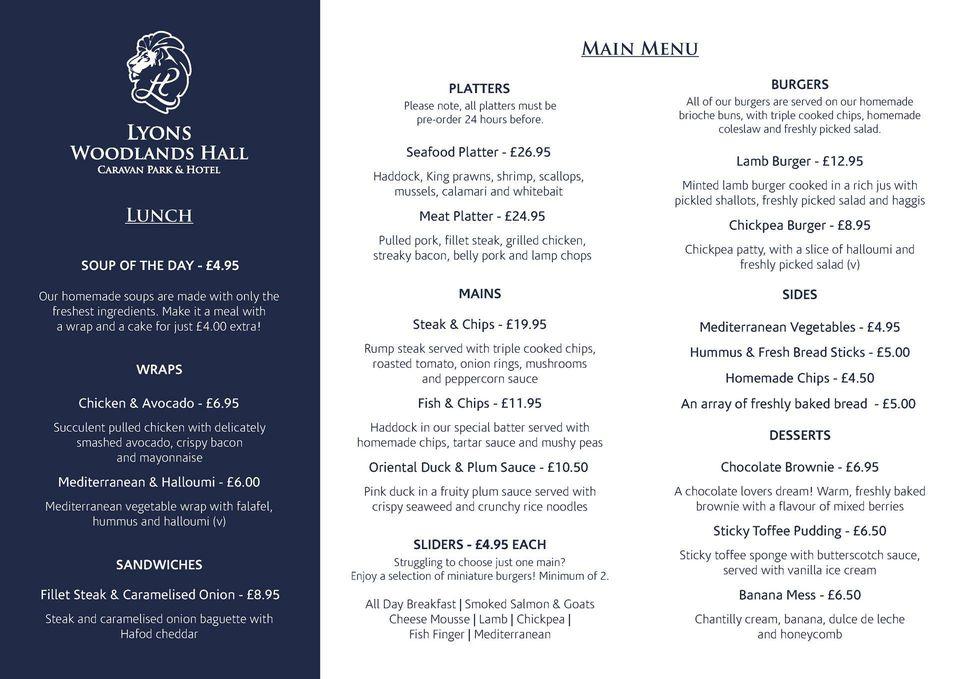 Menu at Lyons Woodlands Hall Hotel & Caravan Park restaurant, Rhewl