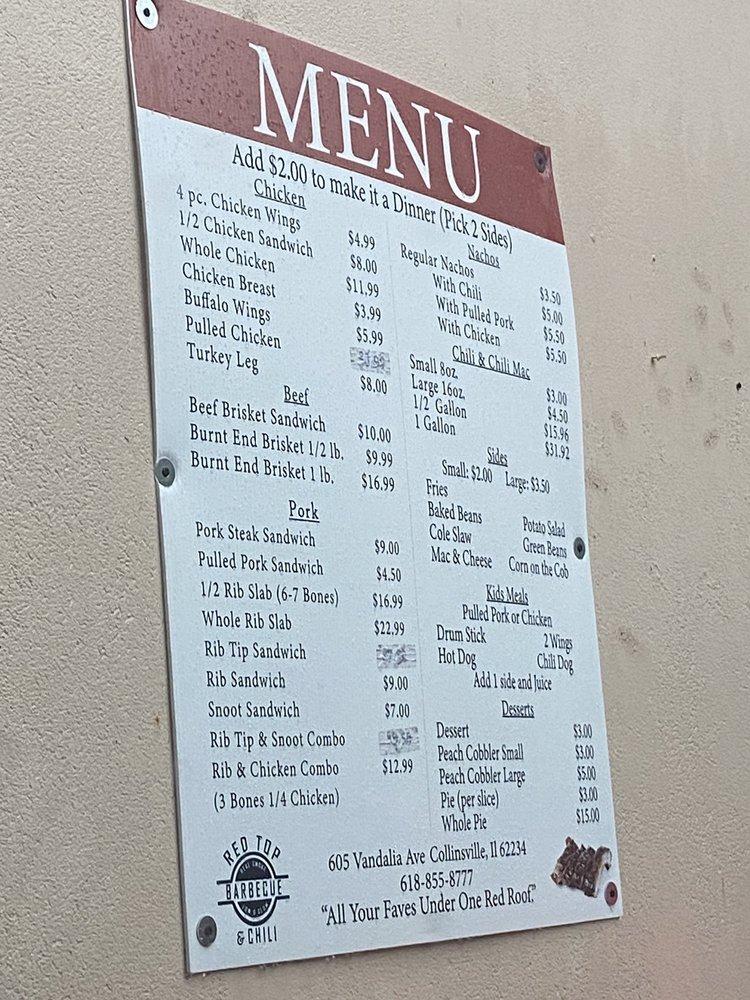 Menu at Red Top Barbeque & Chili, Collinsville