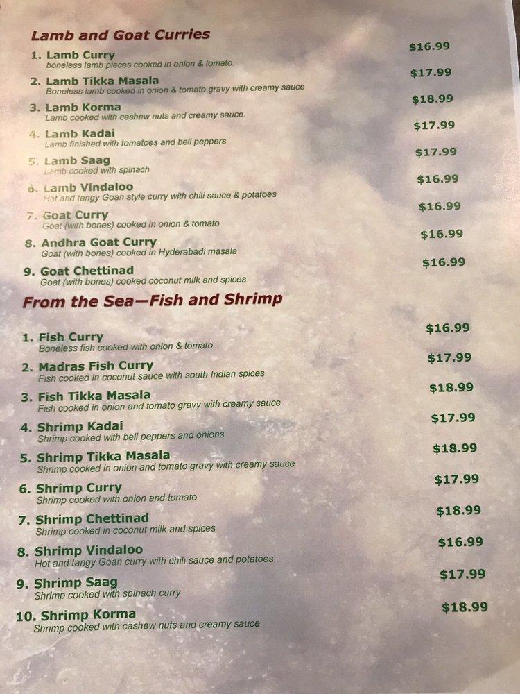 Menu at Sattva Indian restaurant, Aliso Viejo