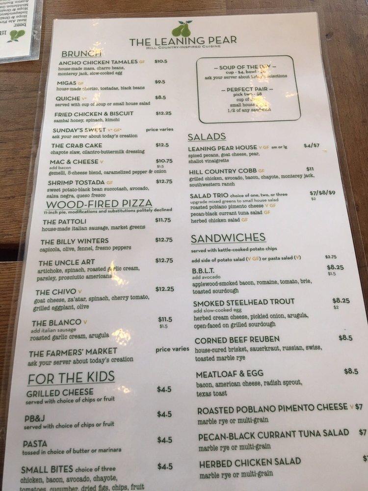 Menu at The Leaning Pear pizzeria, Wimberley